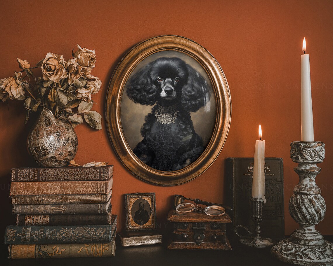 Victorian Poodle Portrait, Black Poodle Art Print, Dogs Lover Gift ...