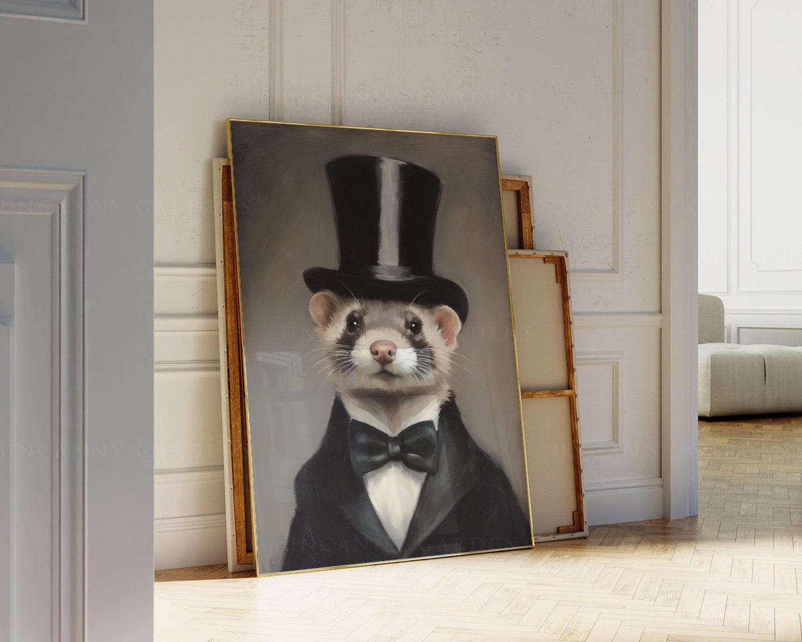 Cute Ferret Gentleman Portrait Art Print Poster, Mr Ferret in Top Hat ...