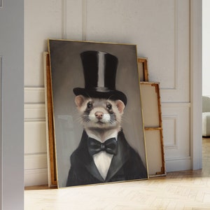Cute Ferret Gentleman Portrait Art Print Poster, Mr Ferret in Top Hat ...