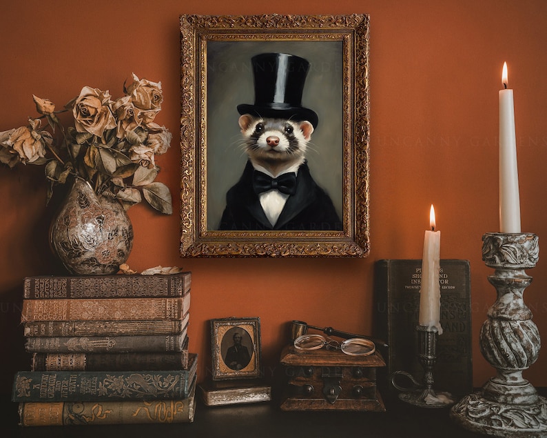 Cute Ferret Gentleman Portrait Art Print Poster, Mr Ferret in Top Hat ...