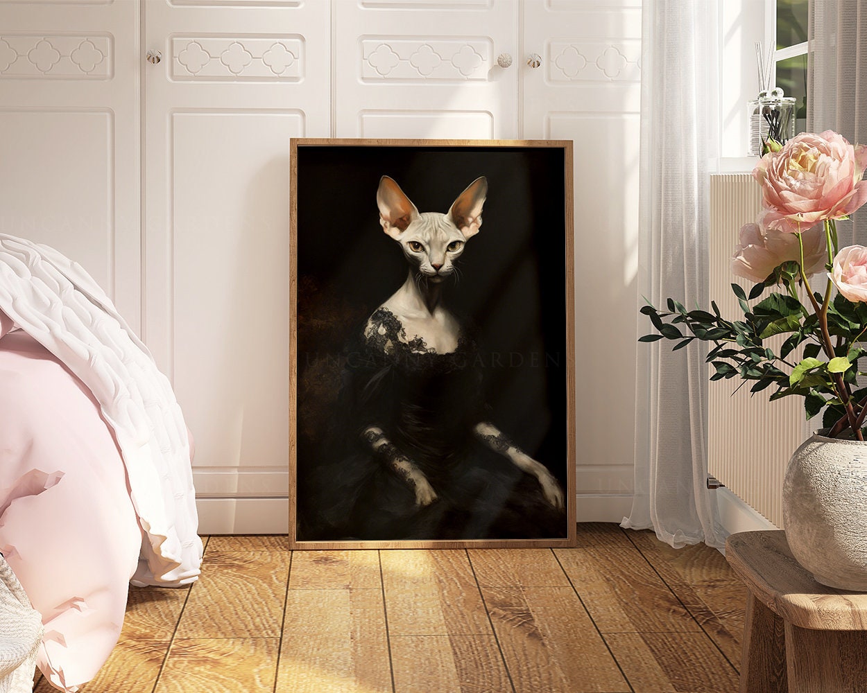 Gothic Sphynx Cat Wall Art, Victorian Cat Portrait, Goth Cat Lovers ...