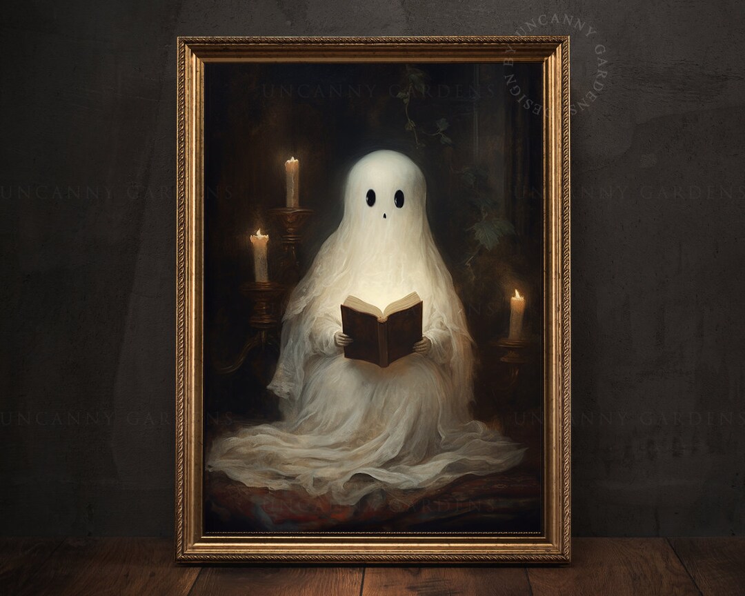 Cute Ghost Reading Book, Book Lover Gift, Book Nook Art, Spooky Cute ...
