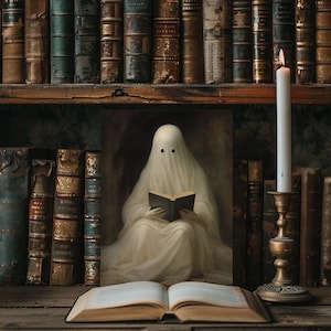 Reading Ghost Art Print, Halloween Decoration, Dark Academia, Ghost ...