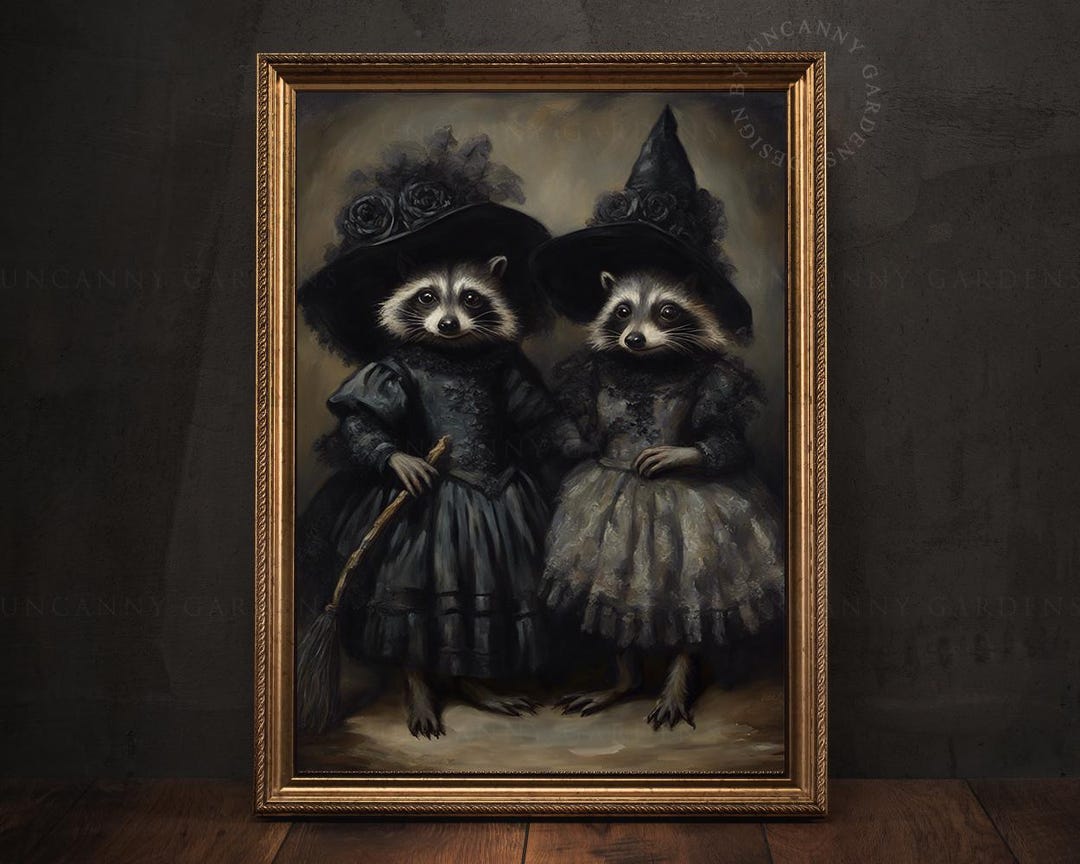 Dark Cottagecore Cute Raccoon Witch Painting, Halloween Raccoon Decor ...