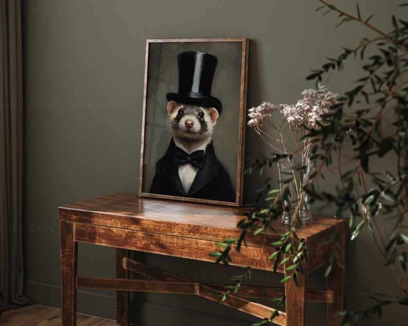 Cute Ferret Gentleman Portrait Art Print Poster, Mr Ferret in Top Hat ...