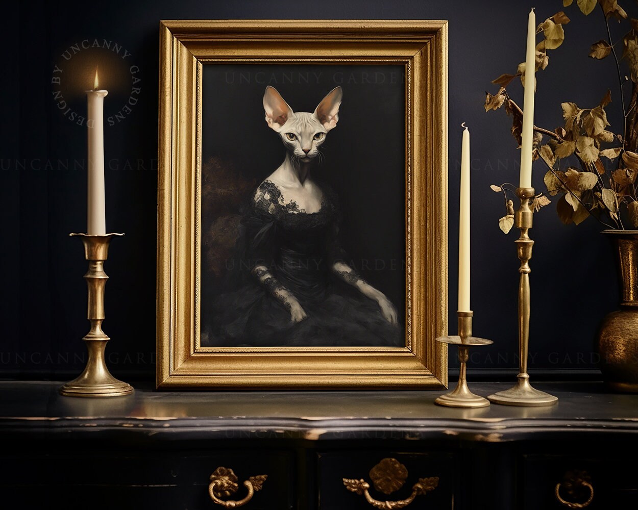 Gothic Sphynx Cat Wall Art, Victorian Cat Portrait, Goth Cat Lovers ...