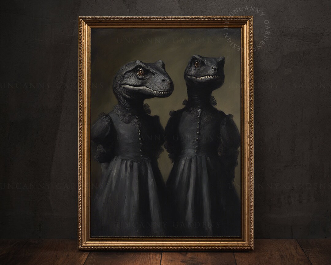 Velociraptor Sisters Art Print, Gothic Dinosaur Victorian Portrait ...