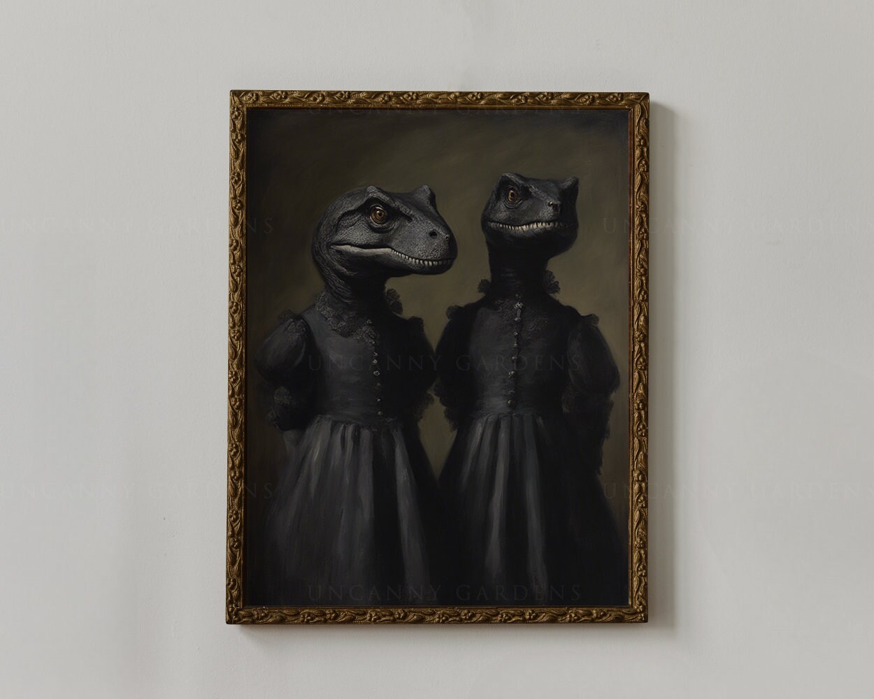 Velociraptor Sisters Art Print, Gothic Dinosaur Victorian Portrait ...