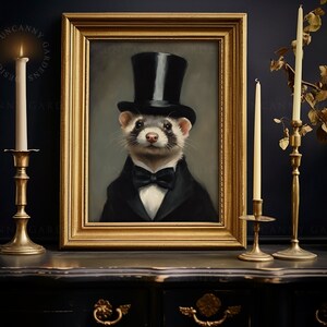 Cute Ferret Gentleman Portrait Art Print Poster, Mr Ferret in Top Hat ...