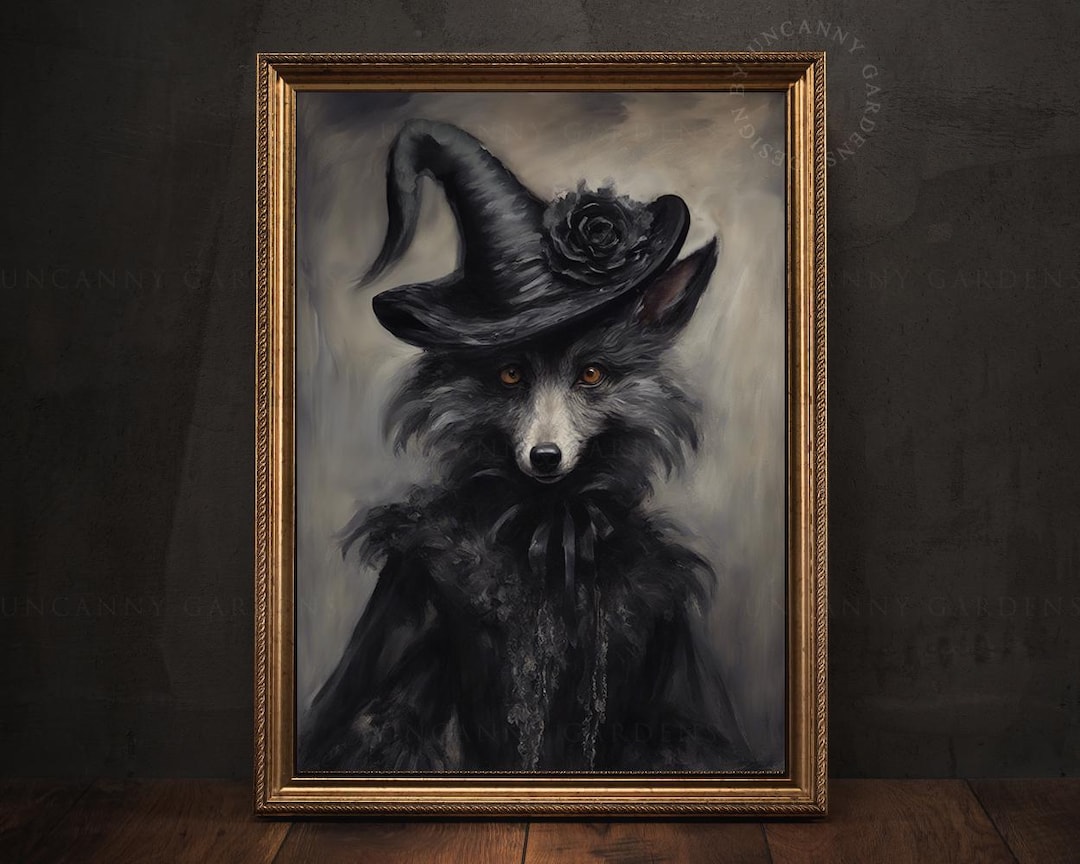 Victorian Black Wolf Witch Art, Gothic Wolf Portrait, Dark Cottagecore ...