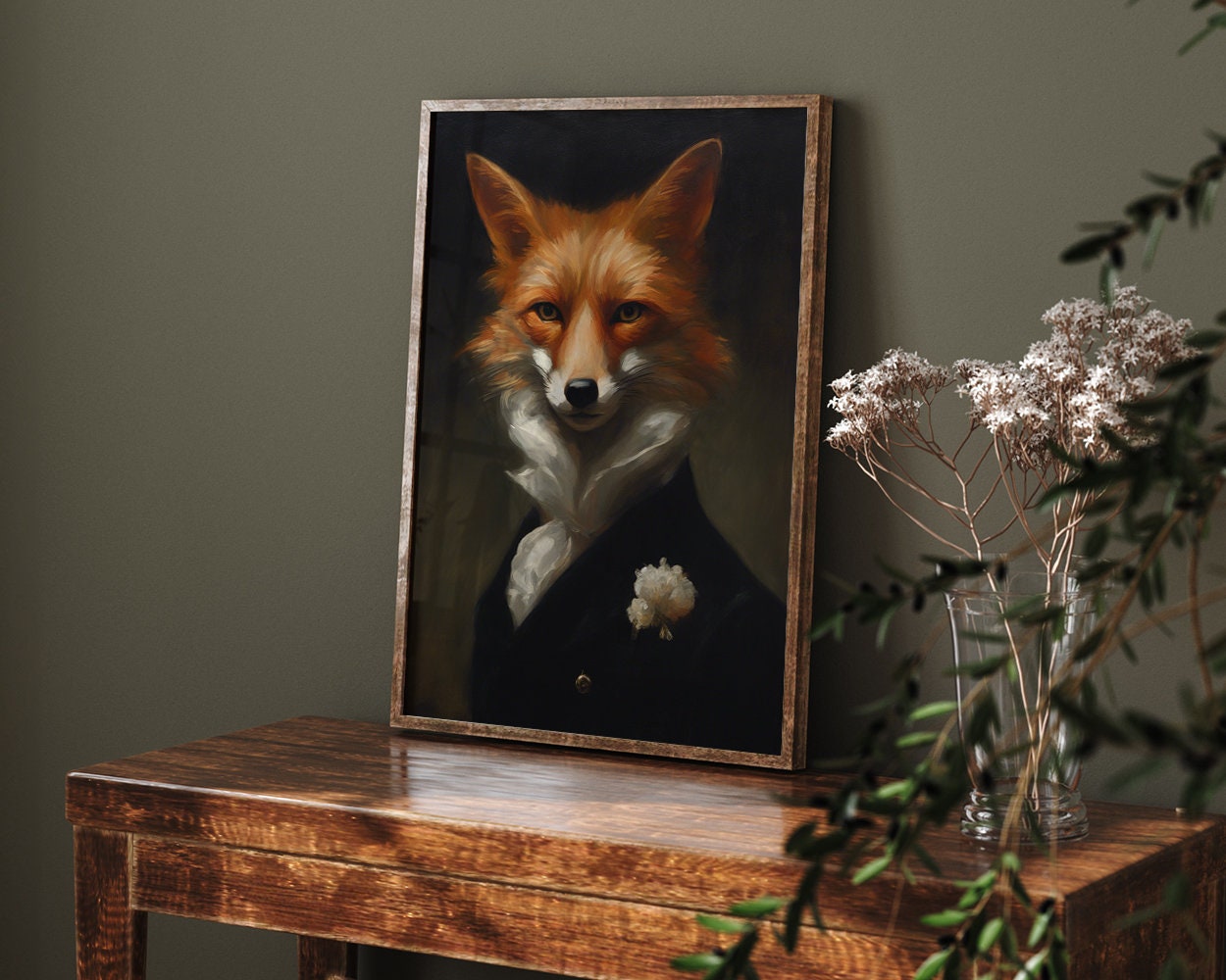 Red Fox Wall Art Print, Dapper Fox Portrait, Dark Cottagecore Print ...