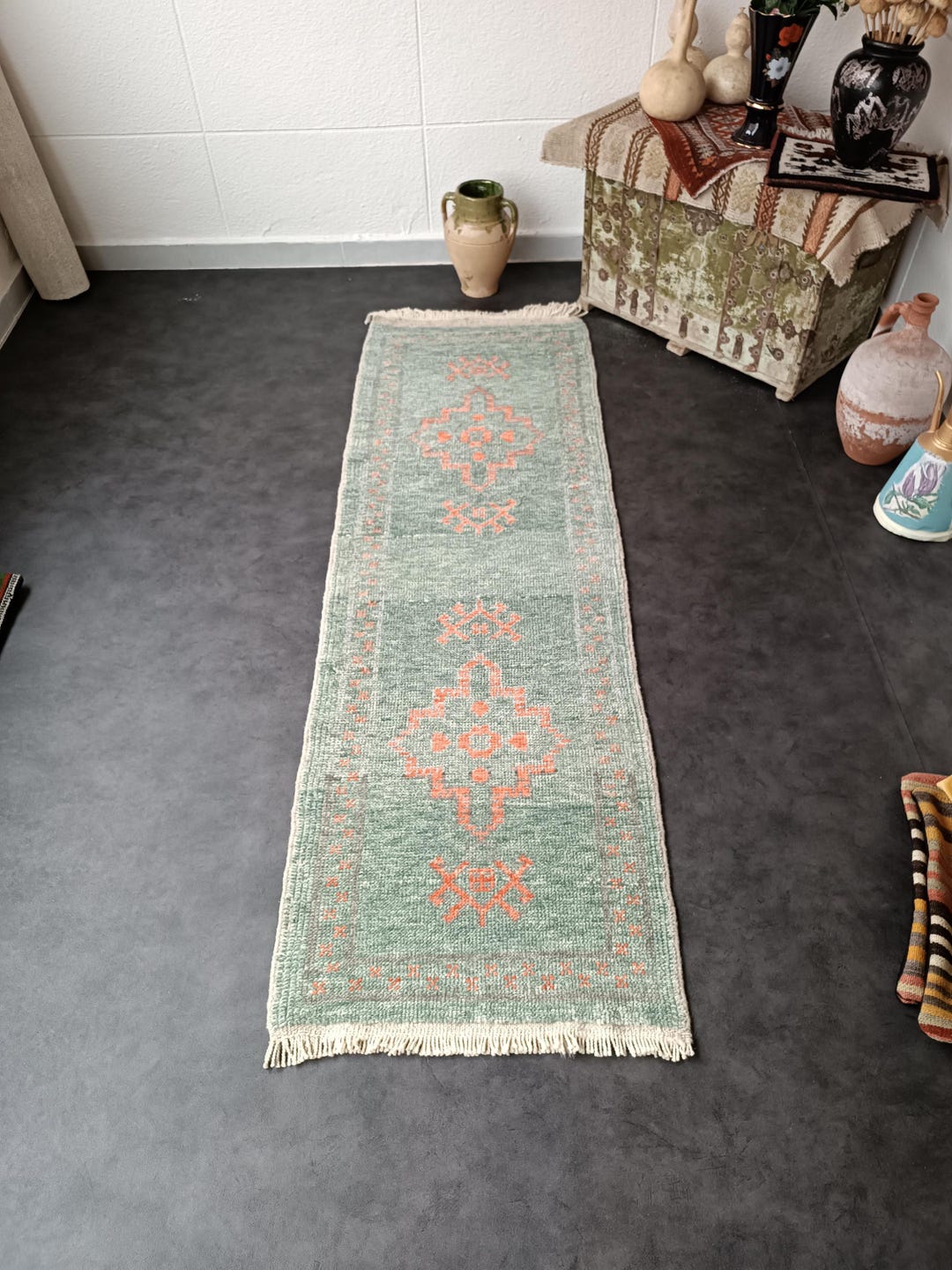 2x6 Turkish Runner Rug Green, Kitchen Runner, Oushak Handmade Wool ...