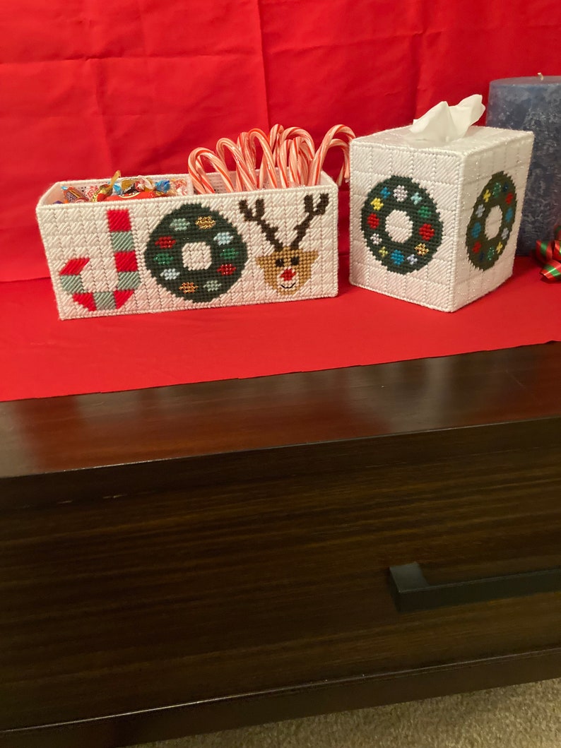 Joy Box | Plastic Canvas Christmas Tissue Box Cover and Candy Dish - Etsy