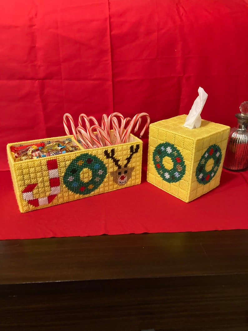 Joy Box | Plastic Canvas Christmas Tissue Box Cover and Candy Dish - Etsy