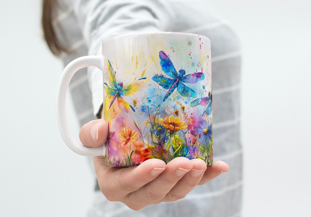 Dragonfly Watercolor Mug, Vintage Dragonfly Coffee Mug, Dragonfly Tea ...