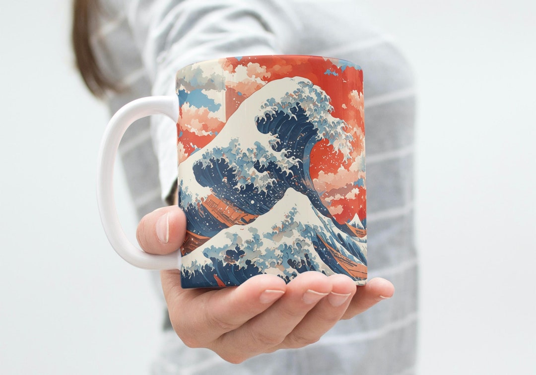 Hokusai Wave Mug, Japanese Art Coffee Cup With Red Sky, Ideal Gift for ...