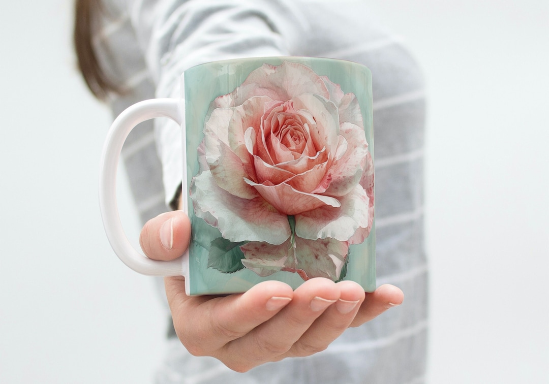 Watercolor Pink Rose Mug, Floral Flower Mug, Victorian Antique Rose ...