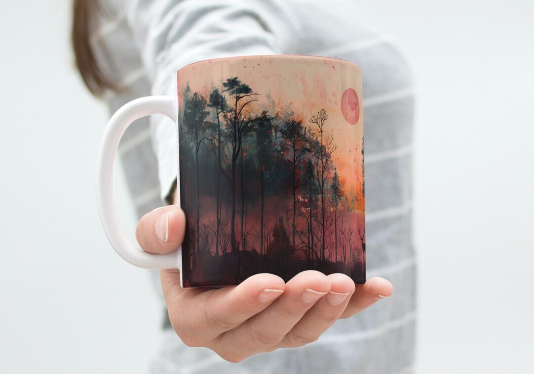 Sunrise Deer Silhouette Mug, Forest Deer Coffee Mug, Wildlife Mug ...