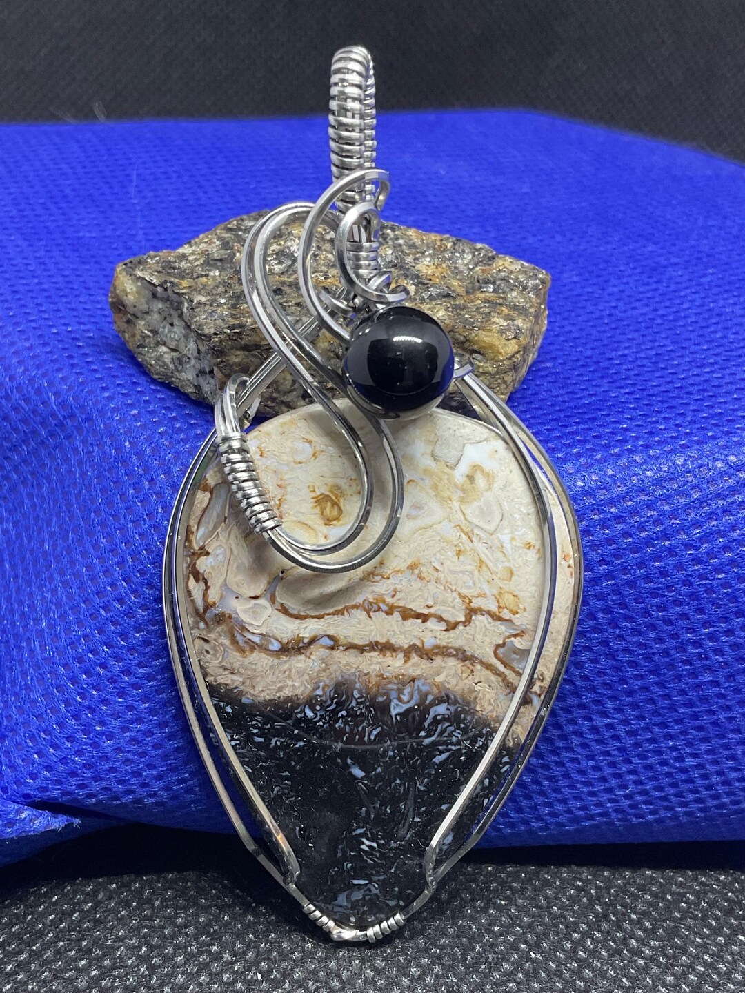 Petrified Palm Root Pendant & Black Obsidian Bead. Hand Wrapped in ...