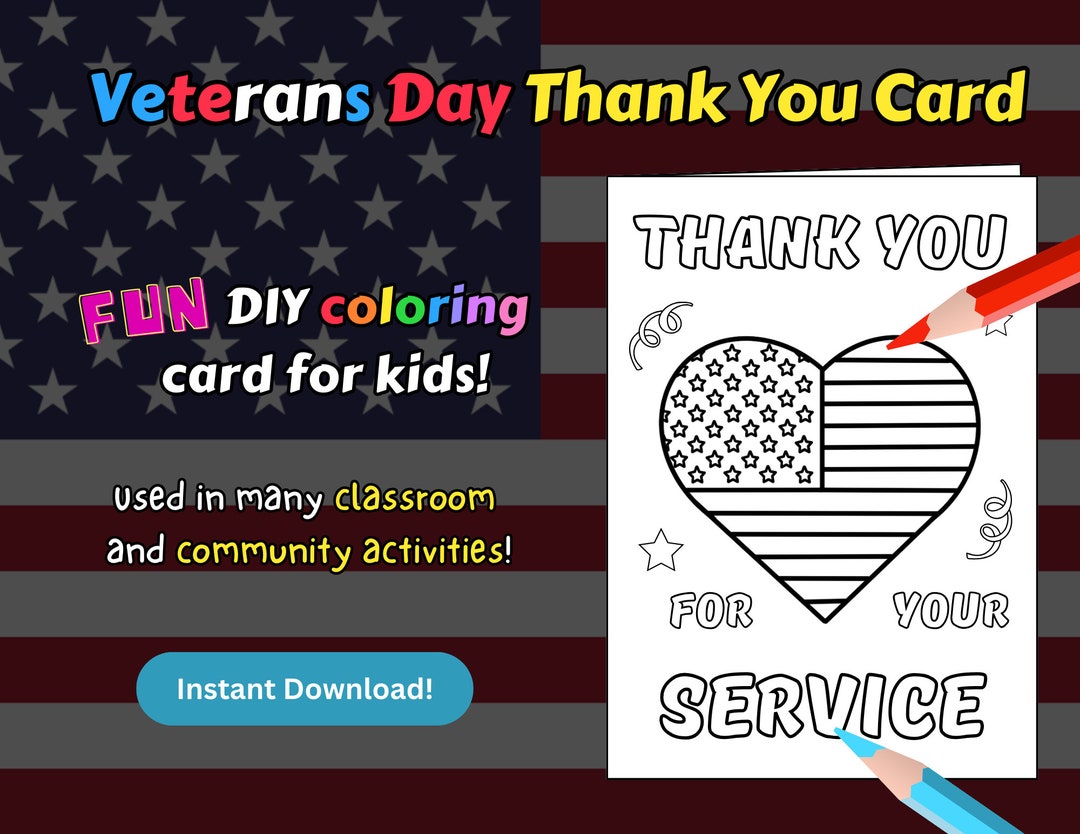 Veterans Day Thank You Card, Kids Coloring Activity (PDF Instant ...