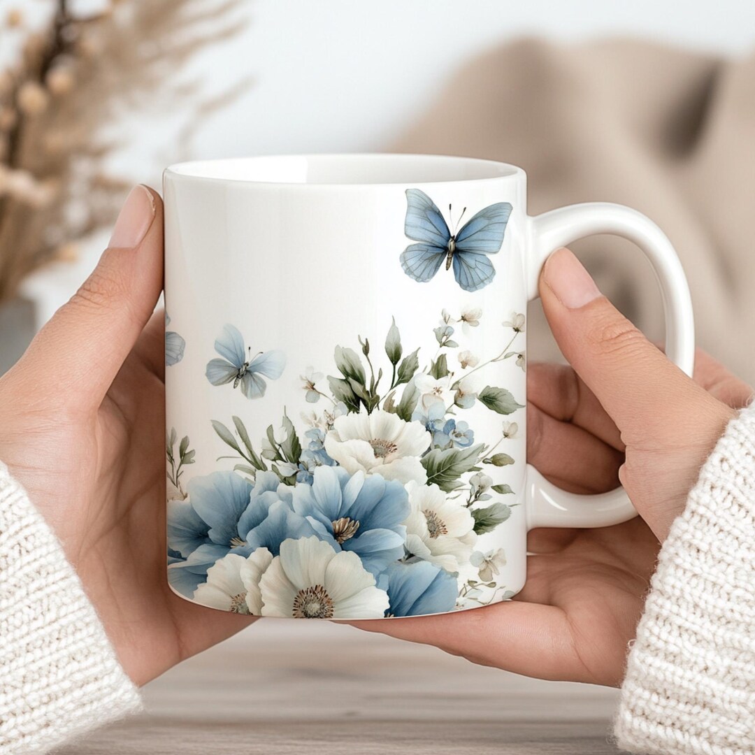 Blue Floral Butterfly Mug Wrap: Watercolor Flower Design (digital ...