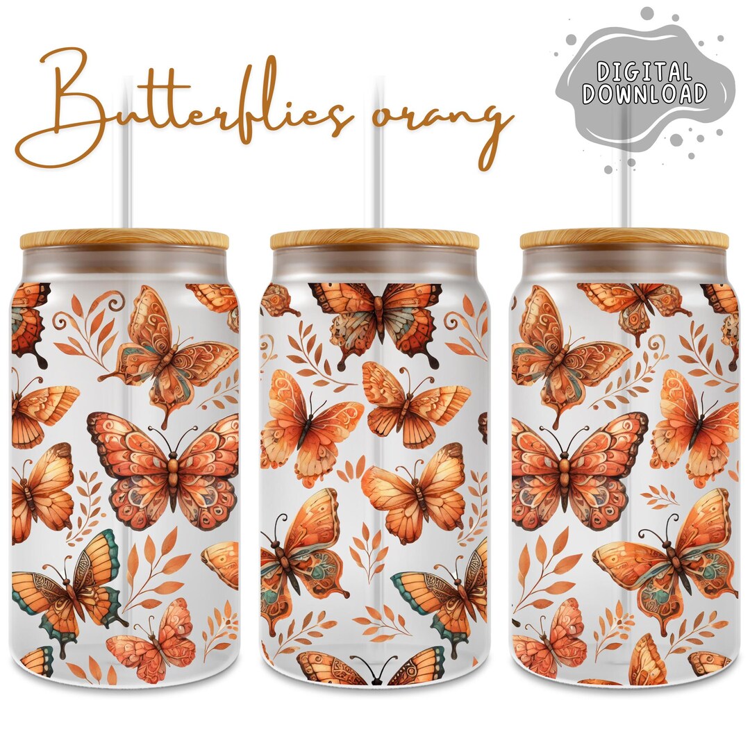 Butterfly Coffee Can Glass Wrap, 16oz Tumbler Cups Butterflies Design ...
