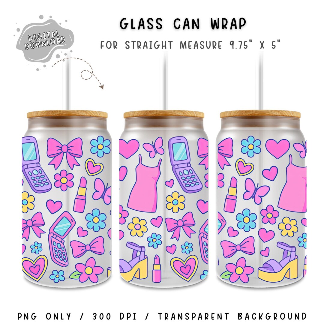 Y2K Retro Giorl 16oz Glass Can Wrap PNG - Cute Flip Phone and Makeup ...