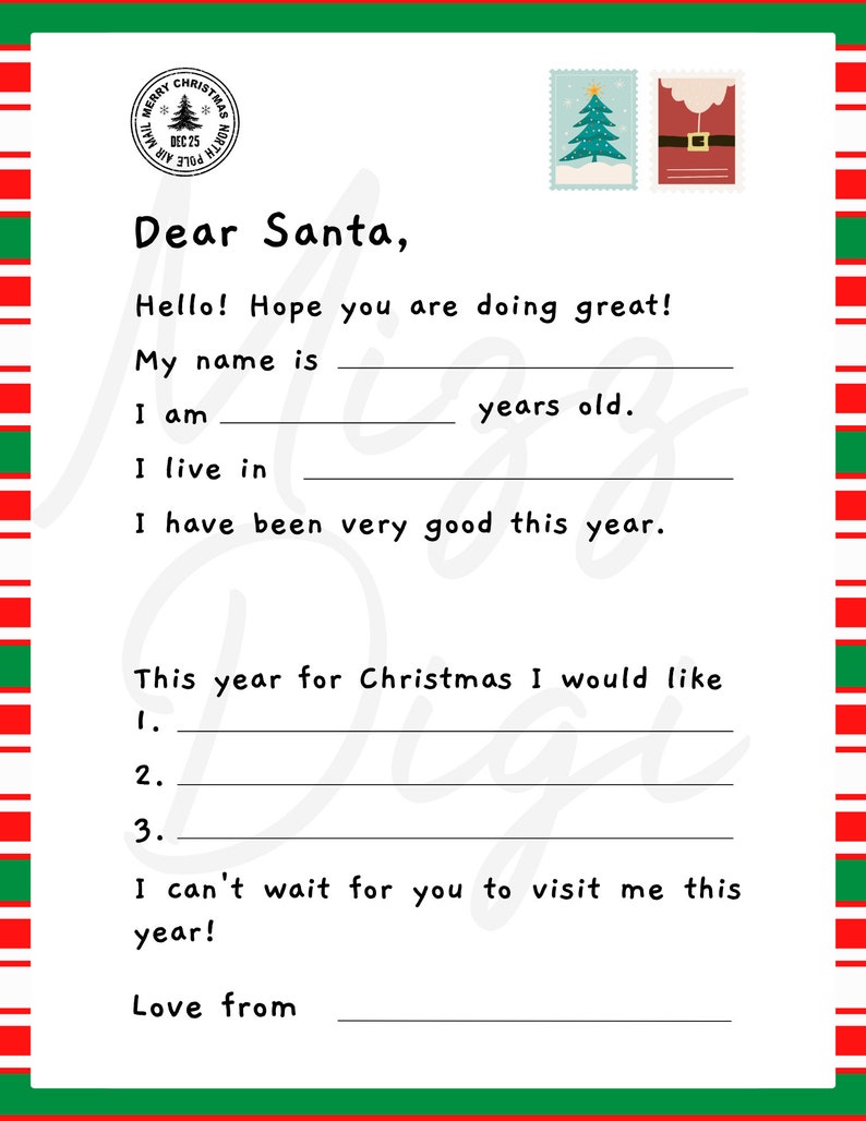 Kids Letter to Santa Printable Santa Letter Instant Download PDF ...