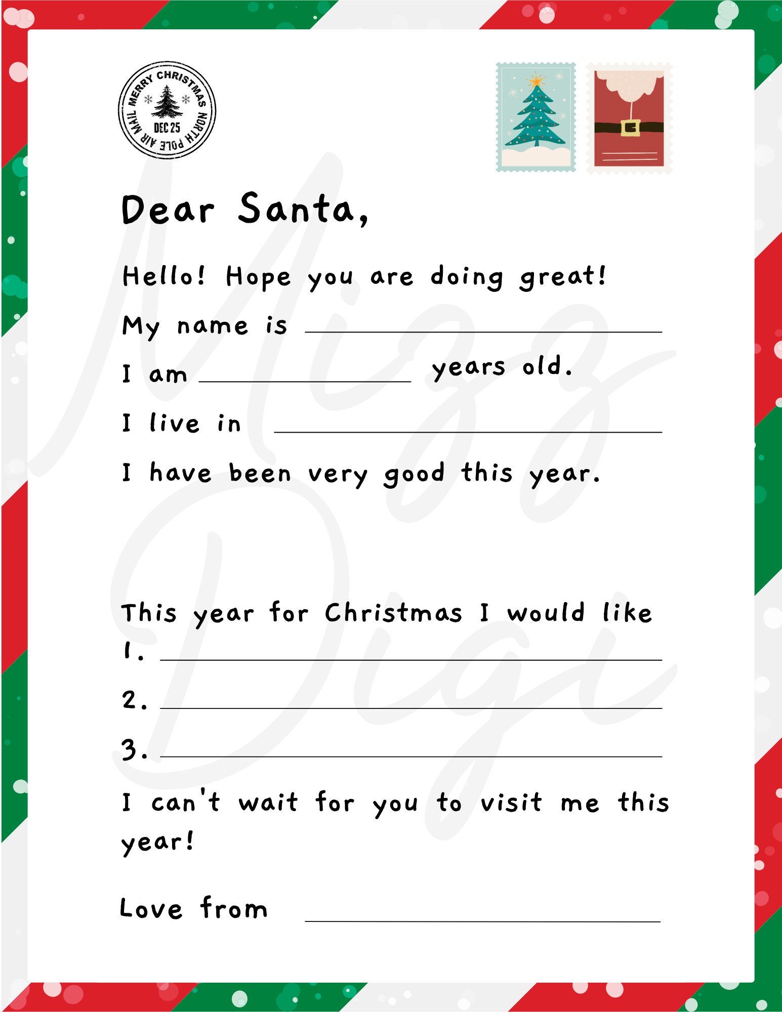Kids Letter to Santa Printable Santa Letter Instant Download PDF ...