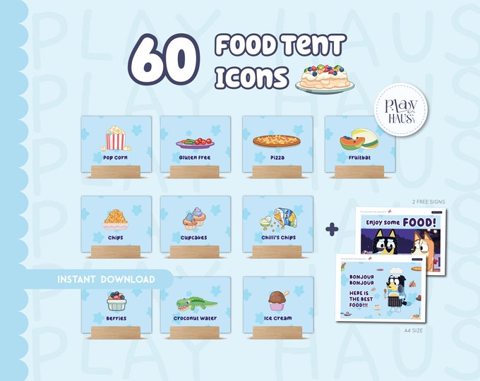 60 Food Label Icon Bundle, Light Blue Food Tent Bundle Deco, Party Food ...