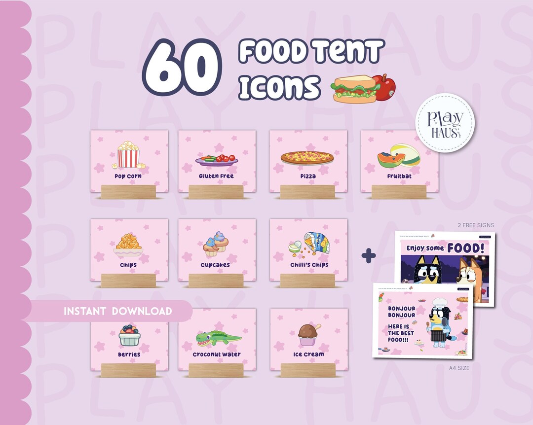 60 Pink Food Label Icon Bundle, Blue Food Tent Bundle, Pink Party, Blue ...
