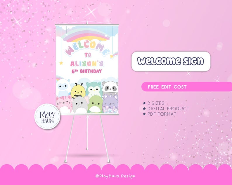 Cute Squishmallow Birthday Party Welcome Sign,squish Birthday Pastel ...