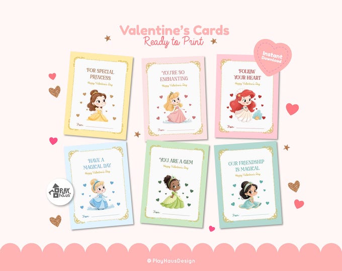 Princess Valentine Cards, Princess Printable Valentine Cards, Bundle ...