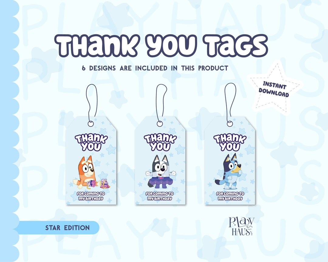 Blue Birthday Thank You Tags, Birthday Thank You Labels, Blue Birthday ...