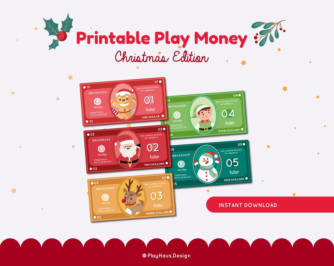 Christmas Printable Play Money, Toy Money Game Dollar Bucks Printable ...