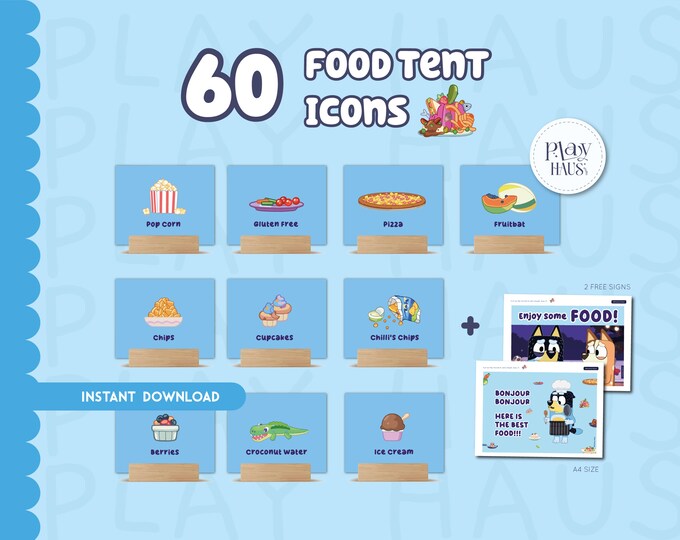 60 Food Label Icon Bundle, Kids Party, Blue Food Tent Bundle, Blue ...