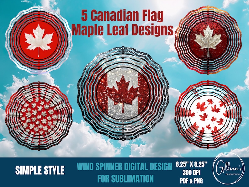 5 Canadian Flag Maple Leaf Wind Spinner Suncatcher Sublimation Designs ...