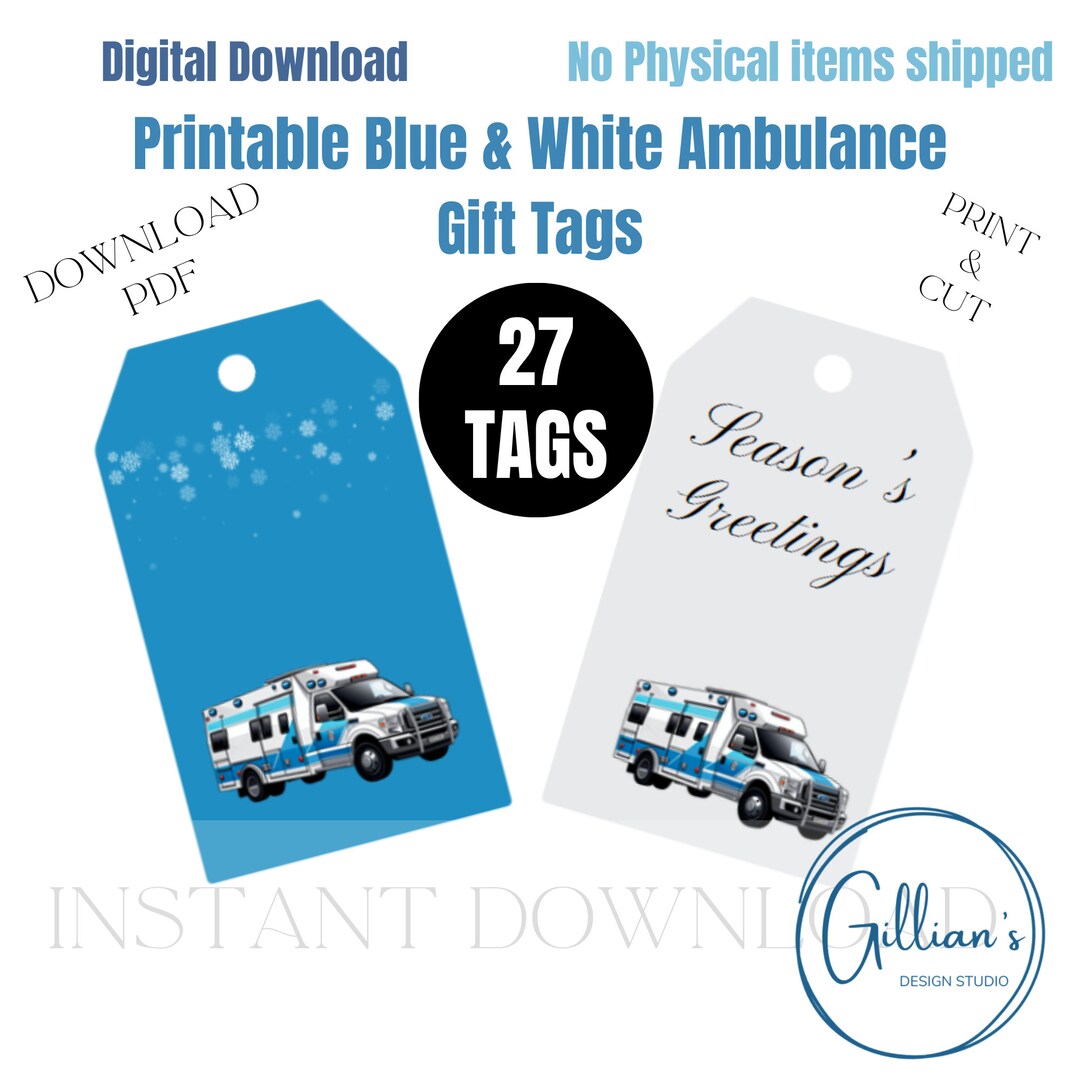 Printable PDF Blue and White Ambulance Gift Tags, Paramedics, Emts ...