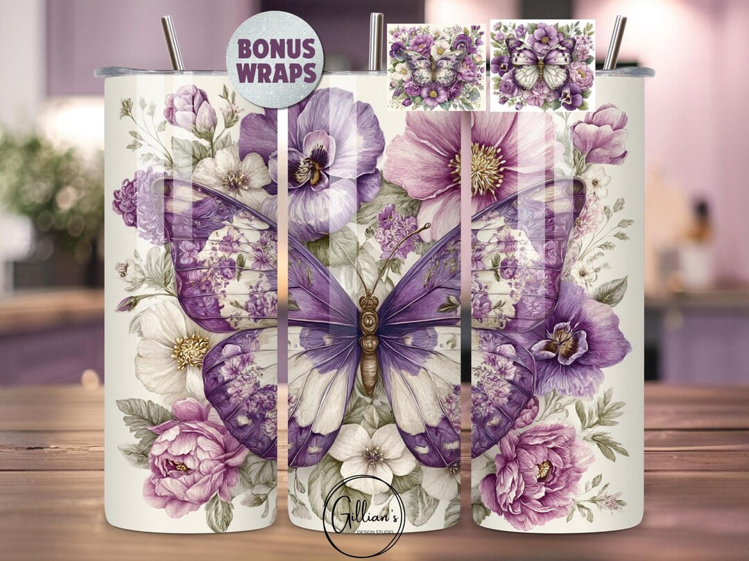 Birth Month Flower February Butterfly 20oz Straight Skinny Tumbler Wrap ...