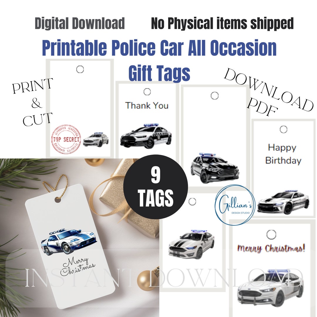 9 Printable Police Car All Occasion Gift Tags, Merry Christmas, Happy ...