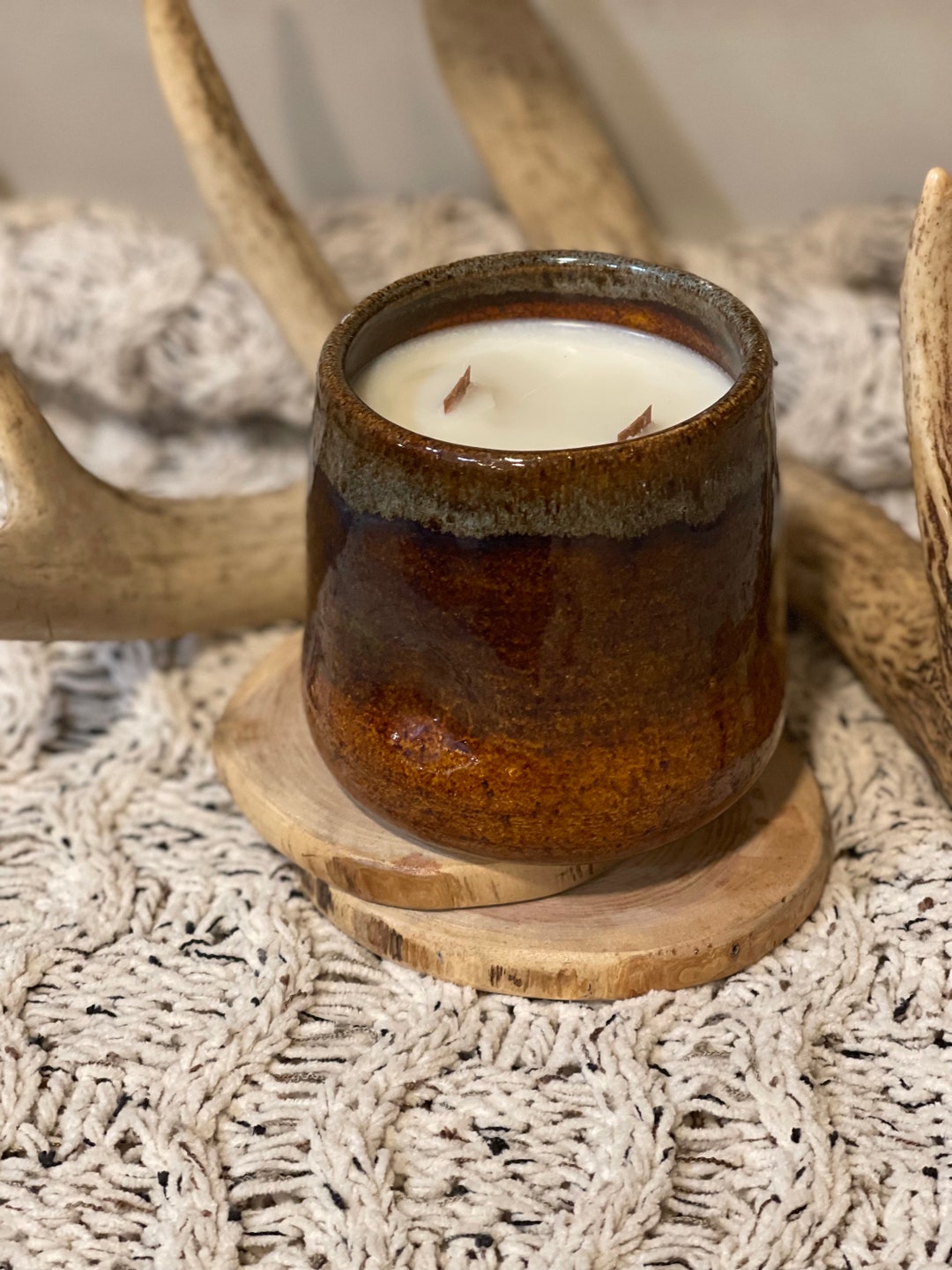 Black Cardamom and Cream, Wooden Wick Pottery Candle Mug Pottery Wine ...