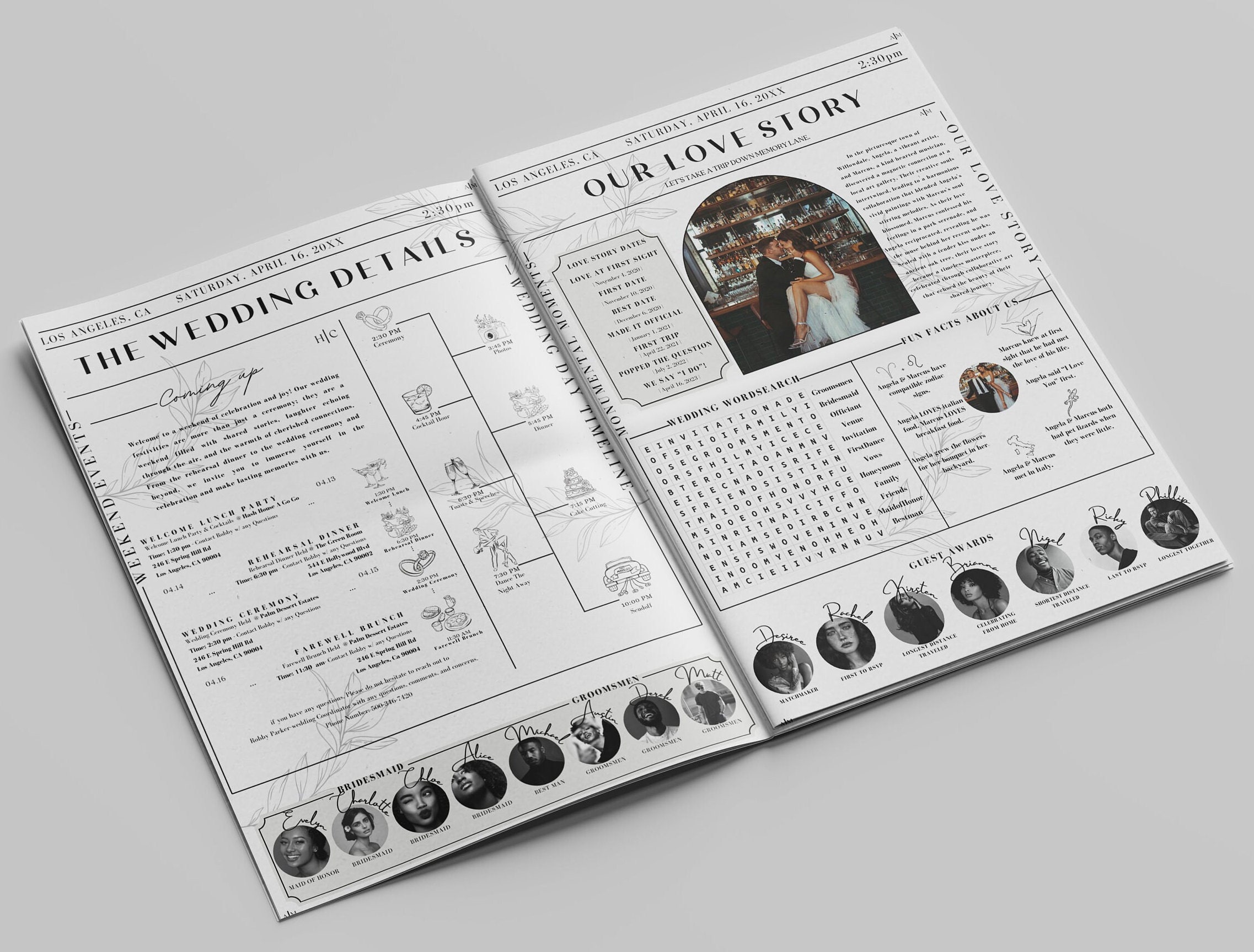 Floral Newspaper Wedding Program Template, Editable Ceremony Timeline ...