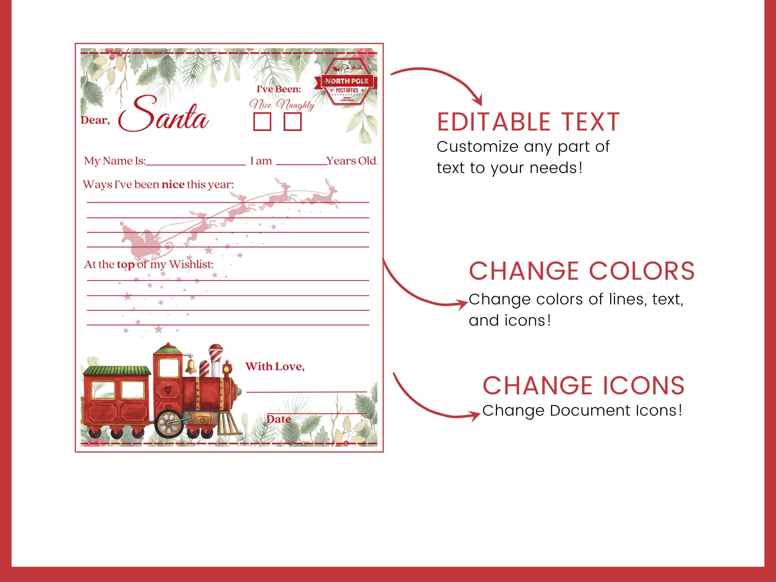 Editable Letter to Santa Printable Dear Santa Letter North Pole Mail ...