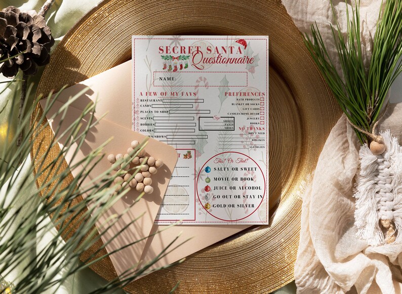 Secret Santa Questionnaire for Coworkers Printable Editable Secret ...