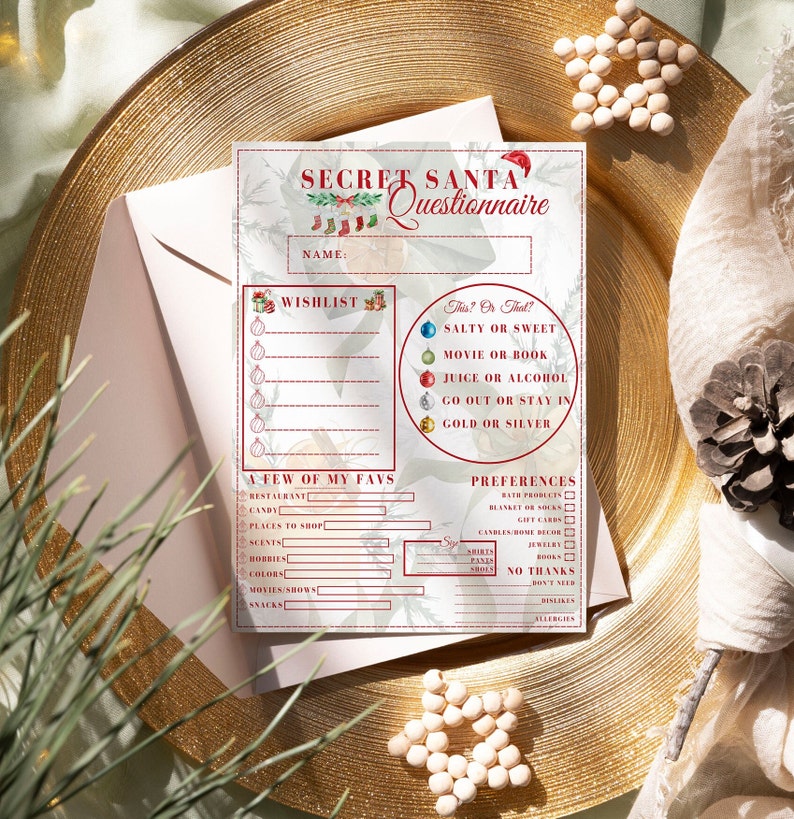 Secret Santa Questionnaire for Coworkers Printable Editable Secret ...