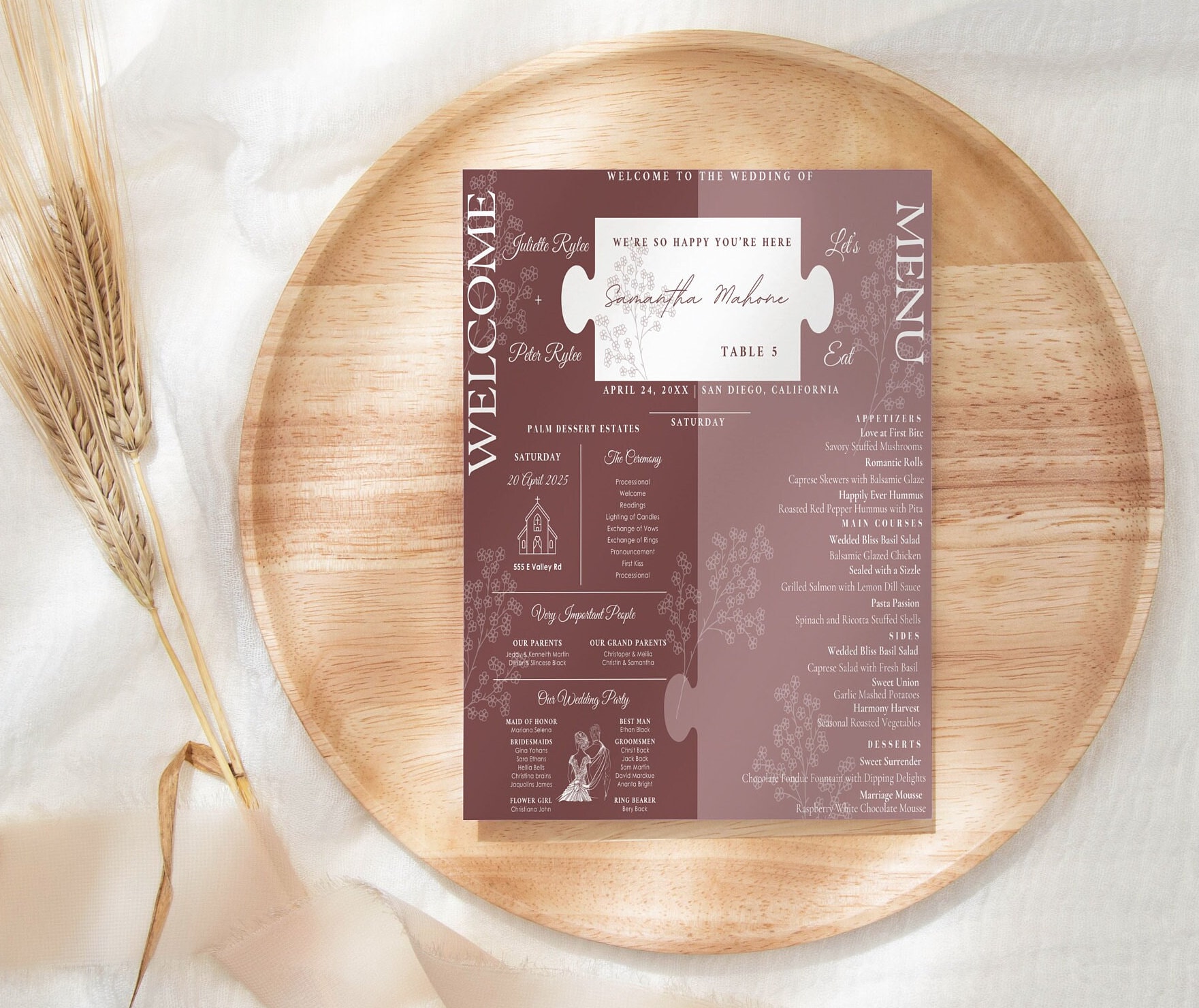 Dusty Pink Puzzle Wedding Progam Template Puzzle Boho Blush Menu ...