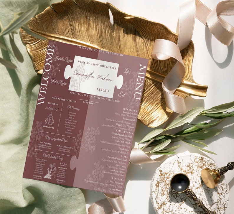 Dusty Pink Puzzle Wedding Program Template, Boho Blush Menu (canva ...