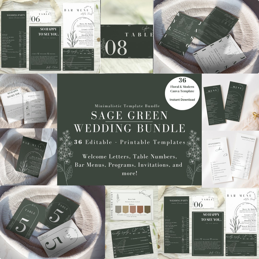 Sage Green Wedding Template Bundle Green Floral Reception Collection ...