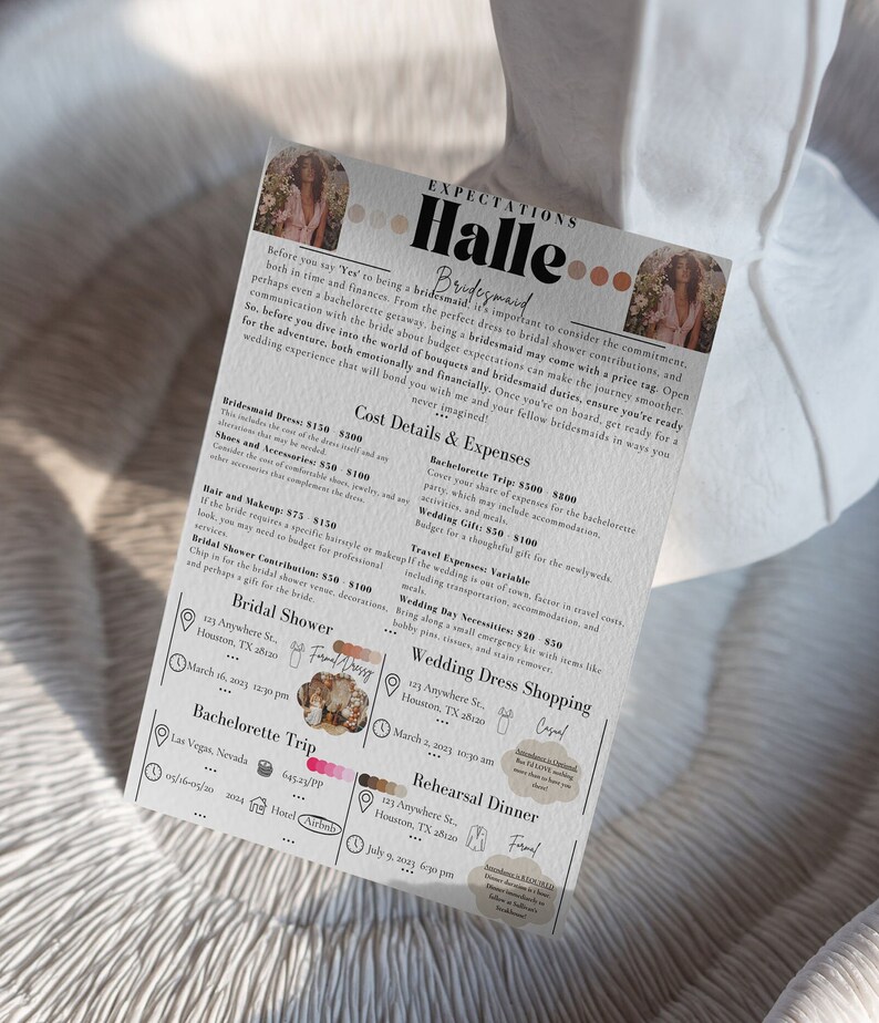 Bridesmaid Expectations Card, Modern Bridal Party Info (digital ...