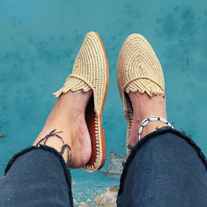Natural Raffia Sandals, Raffia Mules, Handmade Moroccan Slippers ...